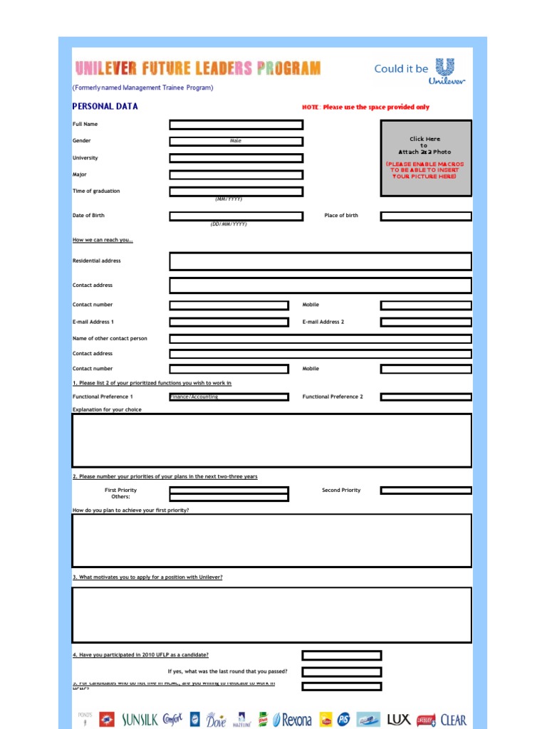 Unilever Future Leaders Application Form | PDF