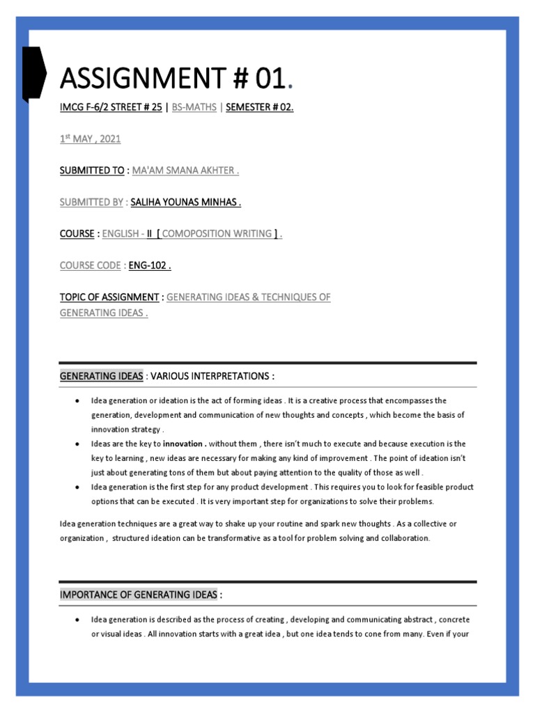 Assignment # 01 (Idea Generation) | PDF | Brainstorming | Idea