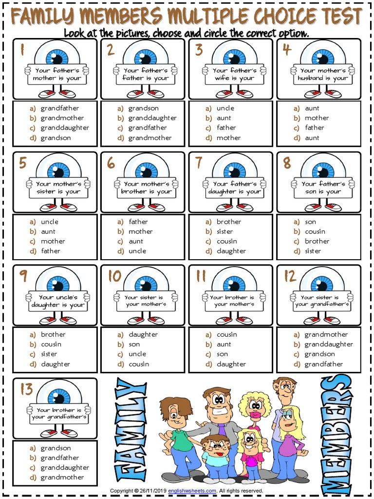 Family Members Vocabulary Esl Multiple Choice Test For Kids | PDF
