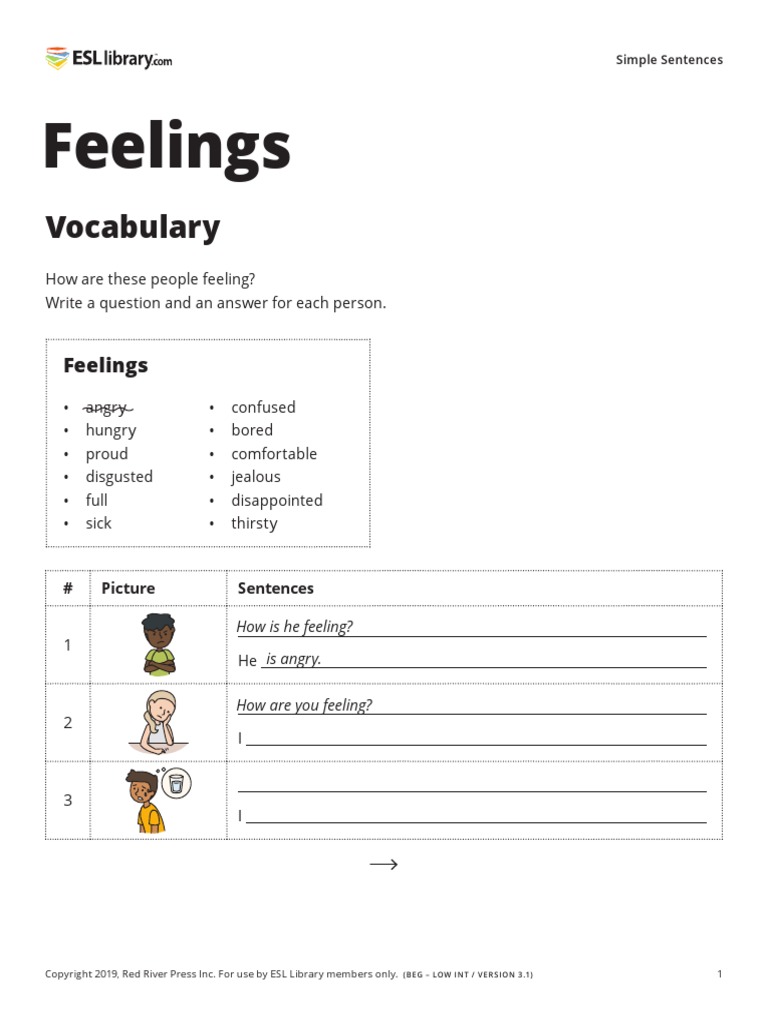 Feelings - Simple Sentences - ESL Library | PDF