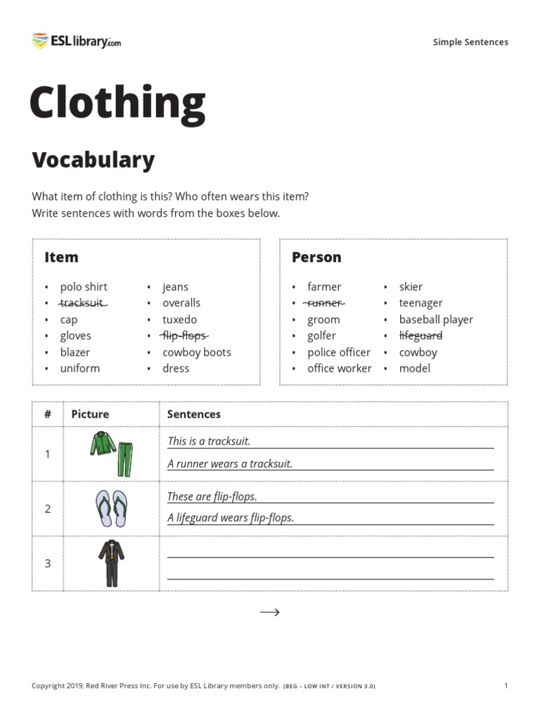 Clothing - Simple Sentences - ESL Library | PDF | Human Appearance ...