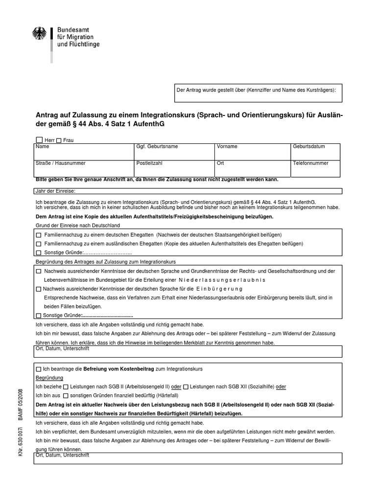Antrag Auf Zulassung Zu Einem Integrationskurs 630 007i PDF - IP | PDF