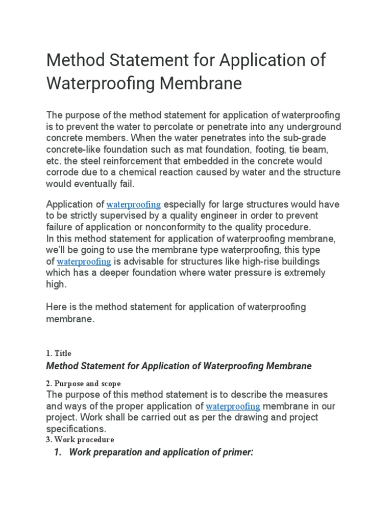 Method Statement For Application of Waterproofing Membrane | PDF ...
