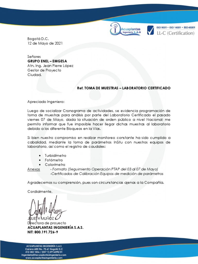 CARTA - Toma de Muestras Lab. Certificado | PDF