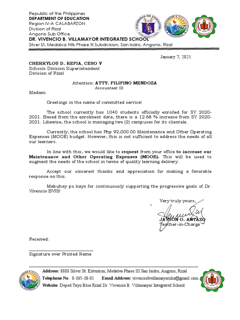 Letter To SDS Request On Increase of MOOE | PDF