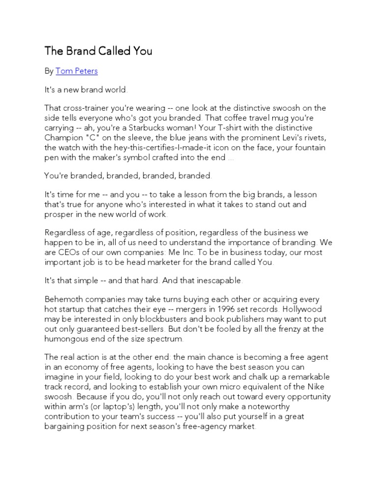The Brand Called You - Tom Peters | PDF | Brand | Business