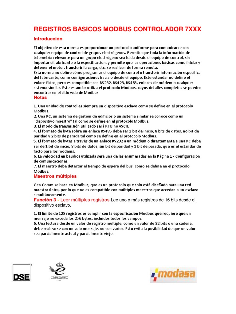 Registros Basicos Modbus Controlador 7xxx | PDF | Módem | Poco