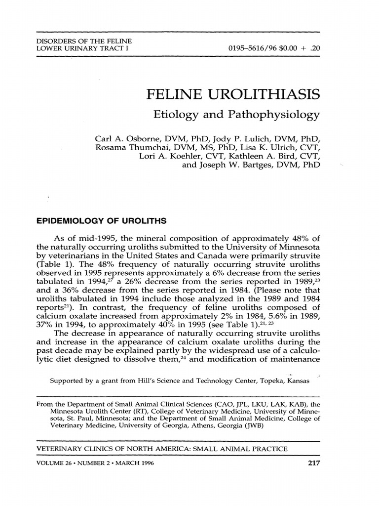 Feline Urolithiasis: Etiology and Pathophysiology | PDF | Urine ...