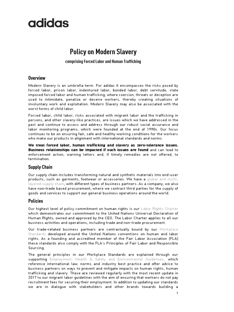 Adidas Modern Slavery Policy Overview | PDF | Supply Chain | Employment