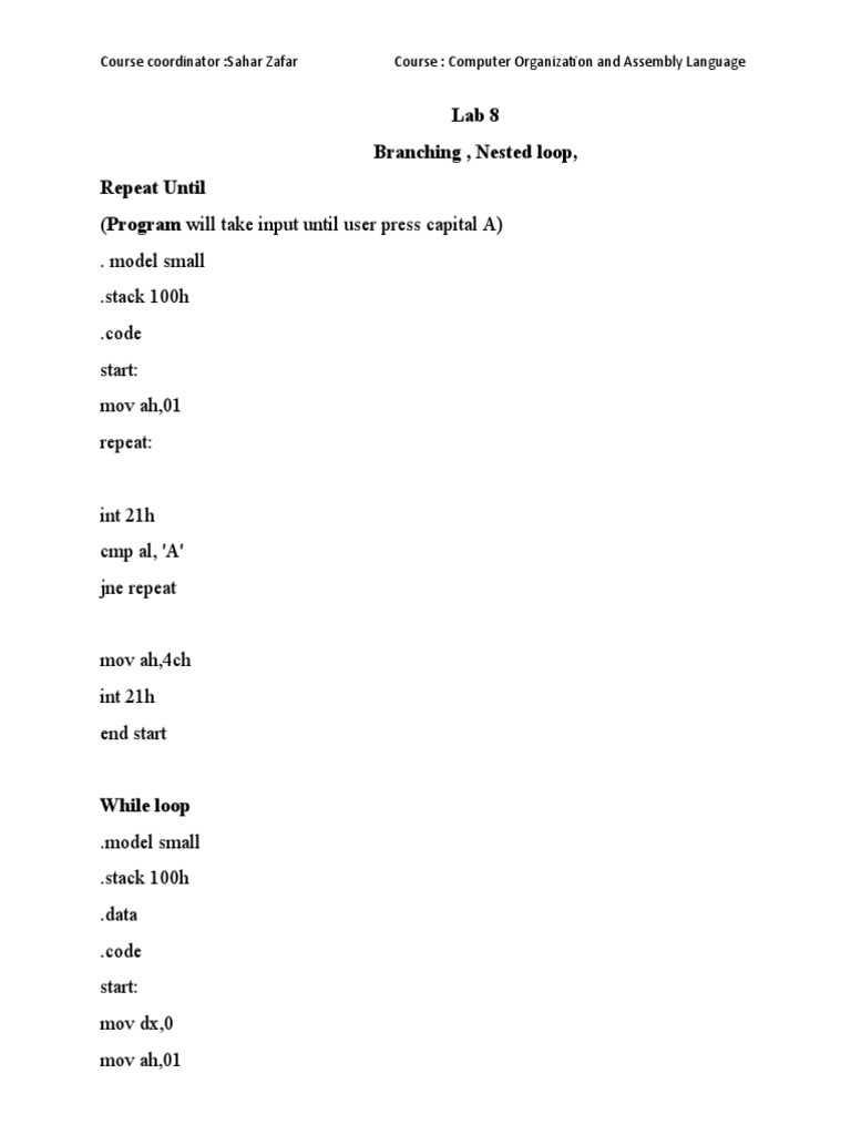Assembly Language Lab: Loops & Conditions | PDF | Assembly Language ...