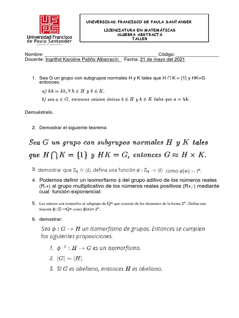 Algebra Abstracta Taller Repaso 21 Mayo | PDF | Métodos y materiales de ...