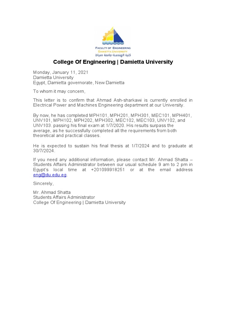 Student Enrollment Confirmation Letter | PDF