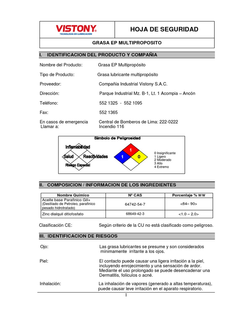 Grasa Ep 2 Lithium Multiproposito Vistony - Hoja de Seguridad | PDF ...