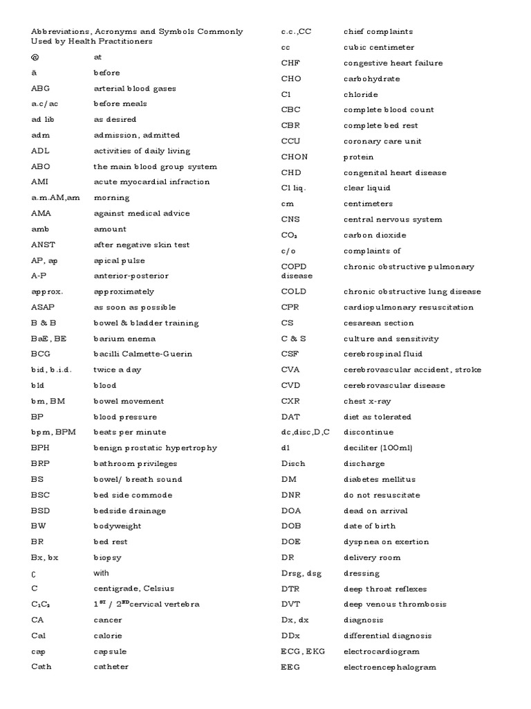 Nursing Abbreviations | PDF | Heart Failure | Calorie