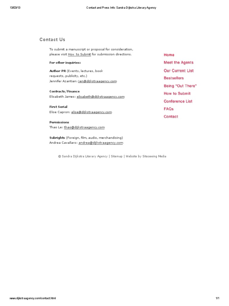 Contact and Press Info - Sandra Dijkstra Literary Agency | PDF