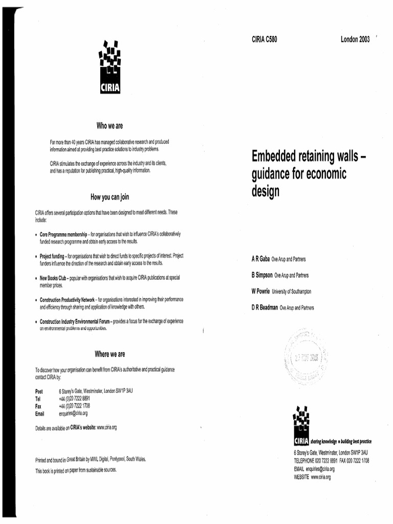 CIRIA 580 Embedded Retaining Walls - Guidance For Economic Design | PDF