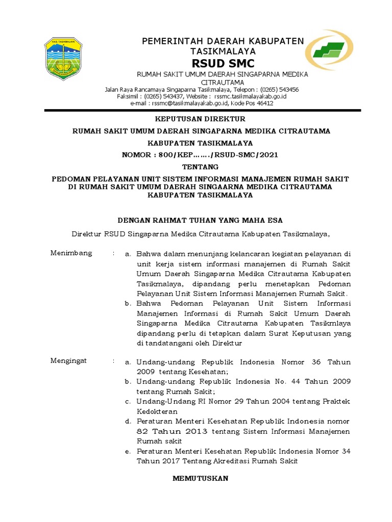 SK Pedoman Pelayanan Unit SIMRS | PDF