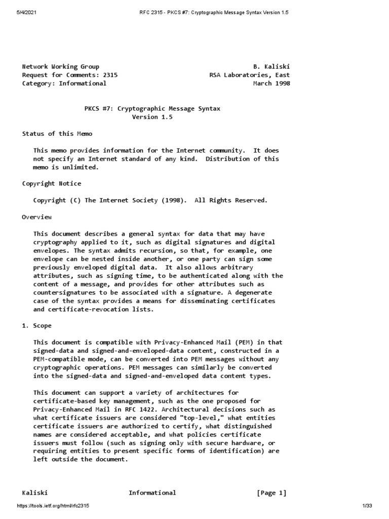RFC 2315 - PKCS #7 - Cryptographic Message Syntax Version 1.5 | PDF | Key (Cryptography ...