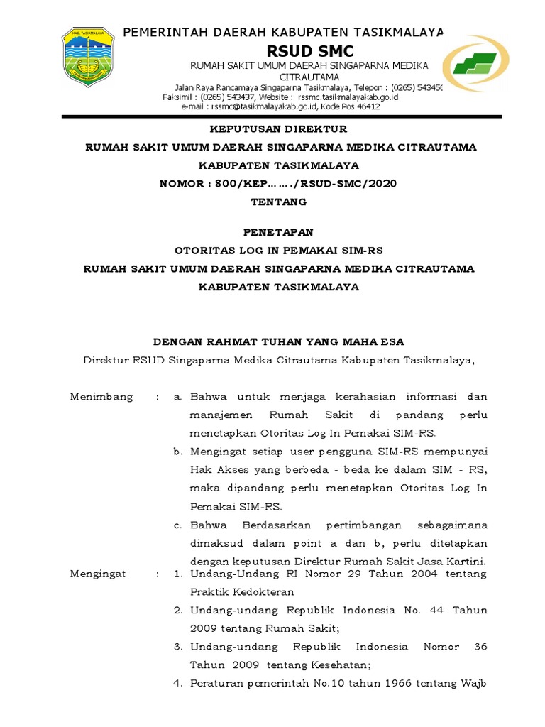 SK Otoritas Login Simrs | PDF