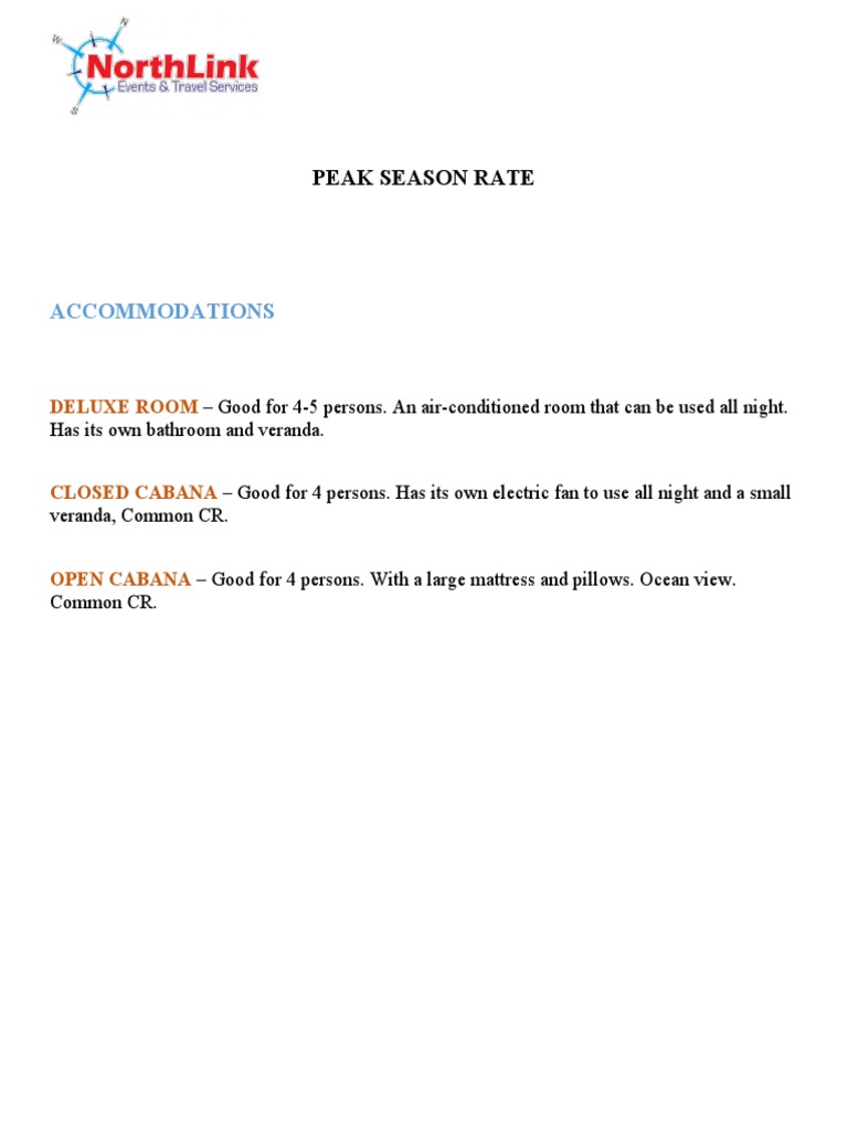 Peak Season Rate: Accommodations | PDF | Eating Behaviors | Meal