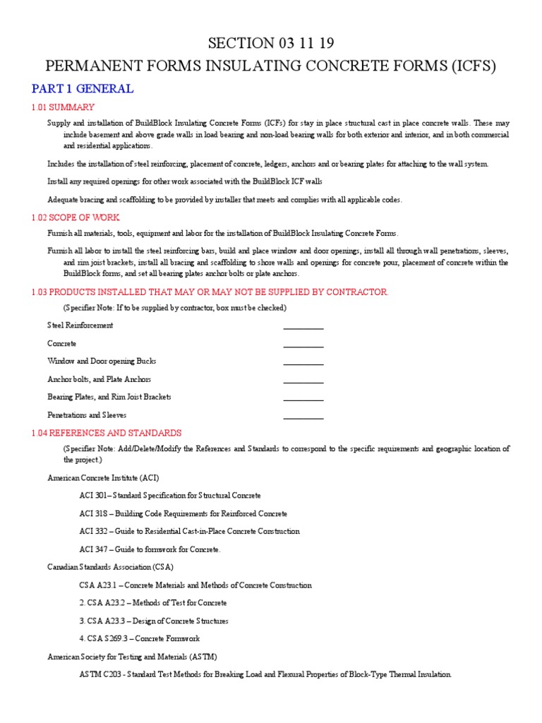 SECTION 03 11 19 Permanent Forms Insulating Concrete Forms (Icfs) | PDF ...
