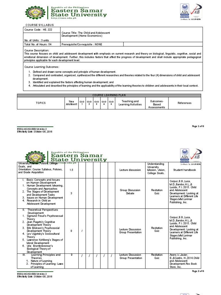 Child and Adolescent Syllabus | PDF | Developmental Psychology ...