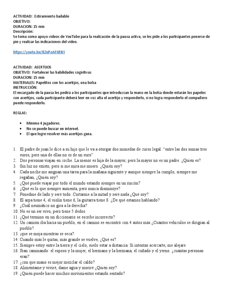 Pausas Activas: Estiramientos y Adivinanzas | PDF