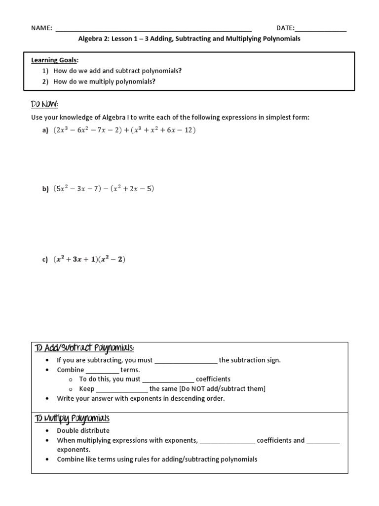Do Now:: Algebra 2: Lesson 1 - 3 Adding, Subtracting and Multiplying ...