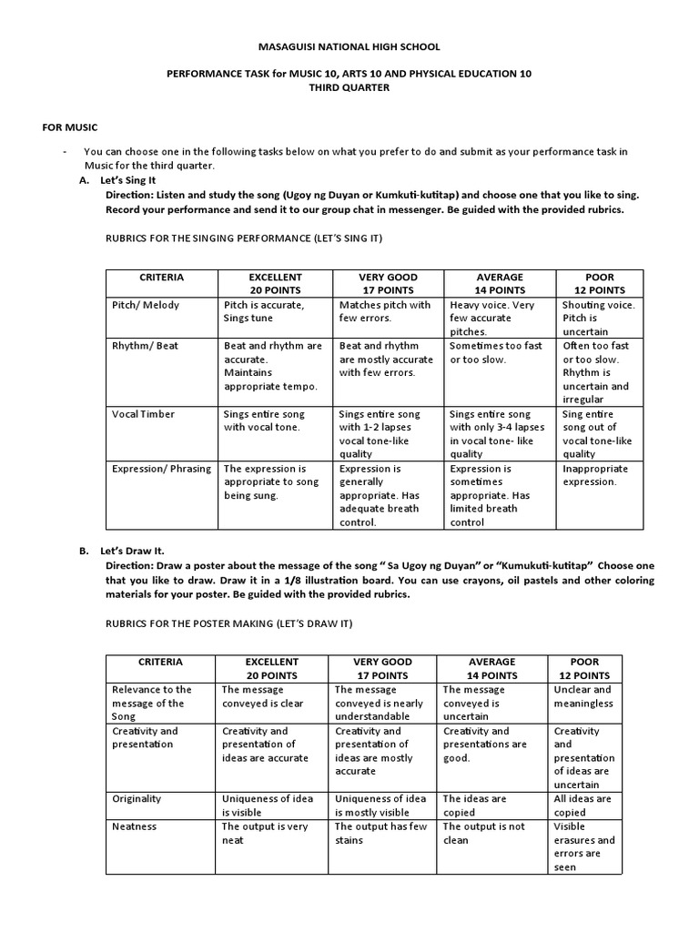 Performance Tasks 3rd Q | PDF | Singing | Songs