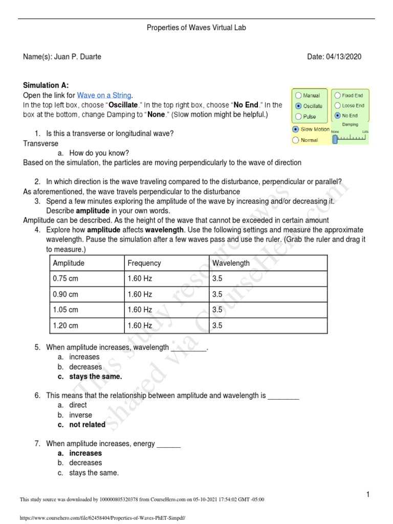 Properties of Waves Virtual Lab Guide | PDF | Wavelength | Waves