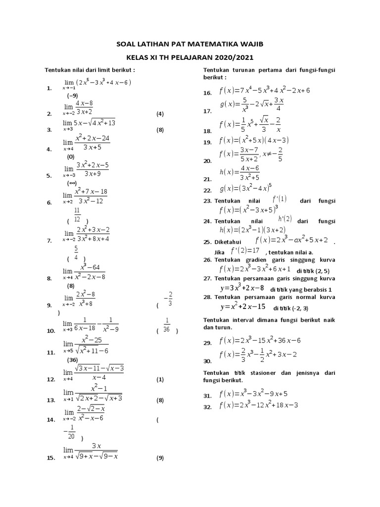 Soal Latihan Pat Matematika Wajib Xi 2021 | PDF
