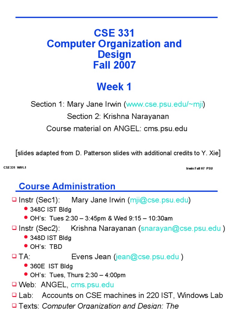 CSE 331 Computer Organization and Design Fall 2007 Week 1 | PDF | Input ...