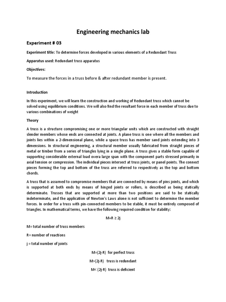 Engineering Mechanics Lab Manual Pdf Truss Lever