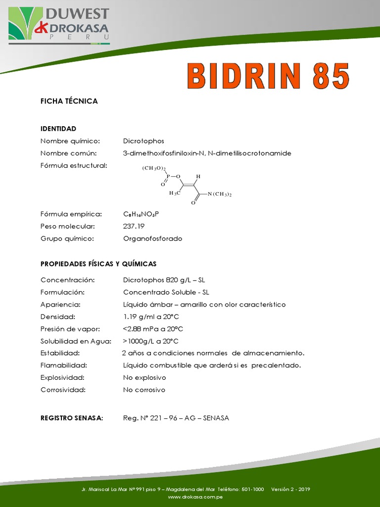 Ficha Técnica de Bidrin 85 Insecticida | PDF | Sustancias químicas | Agua