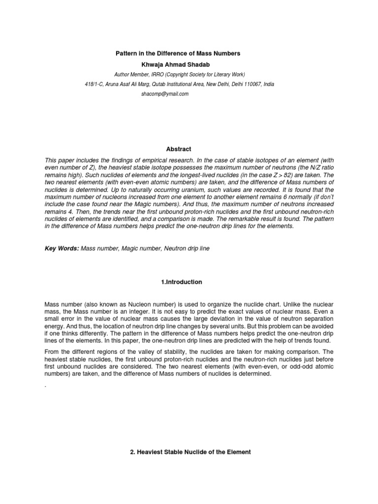 Difference of Mass Numbers | PDF | Isotope | Chemical Elements