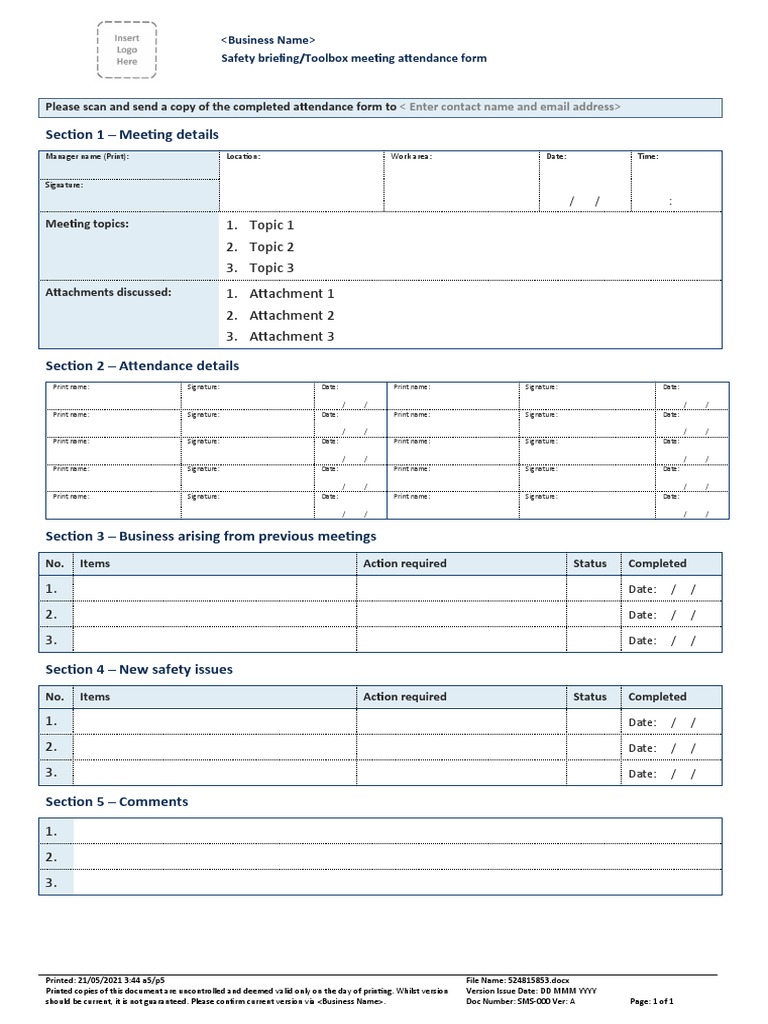 0911 Sms Template Safety Briefing Toolbox Meeting Attendance Form | PDF ...