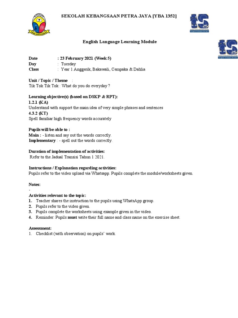 English Module Year 1 Week 5 2021 Transition Latest | PDF