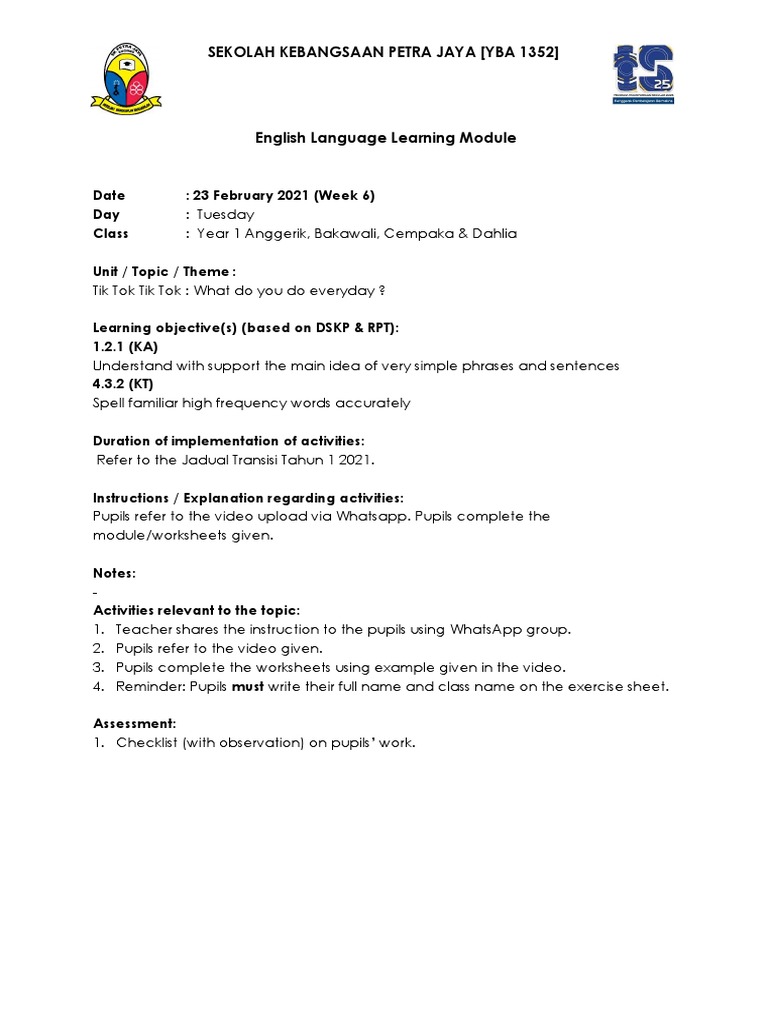English Module Year 1 Week 6 2021 Transition | PDF
