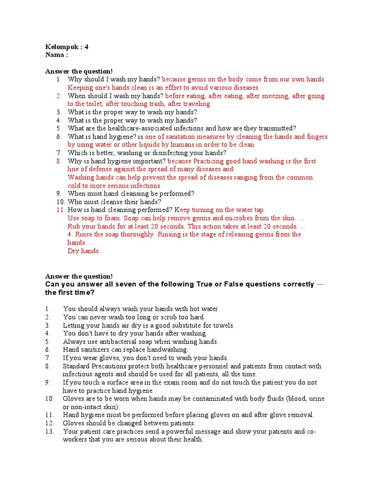 Kelompok: 4 Nama: Answer The Question! | PDF | Hand Washing | Hygiene