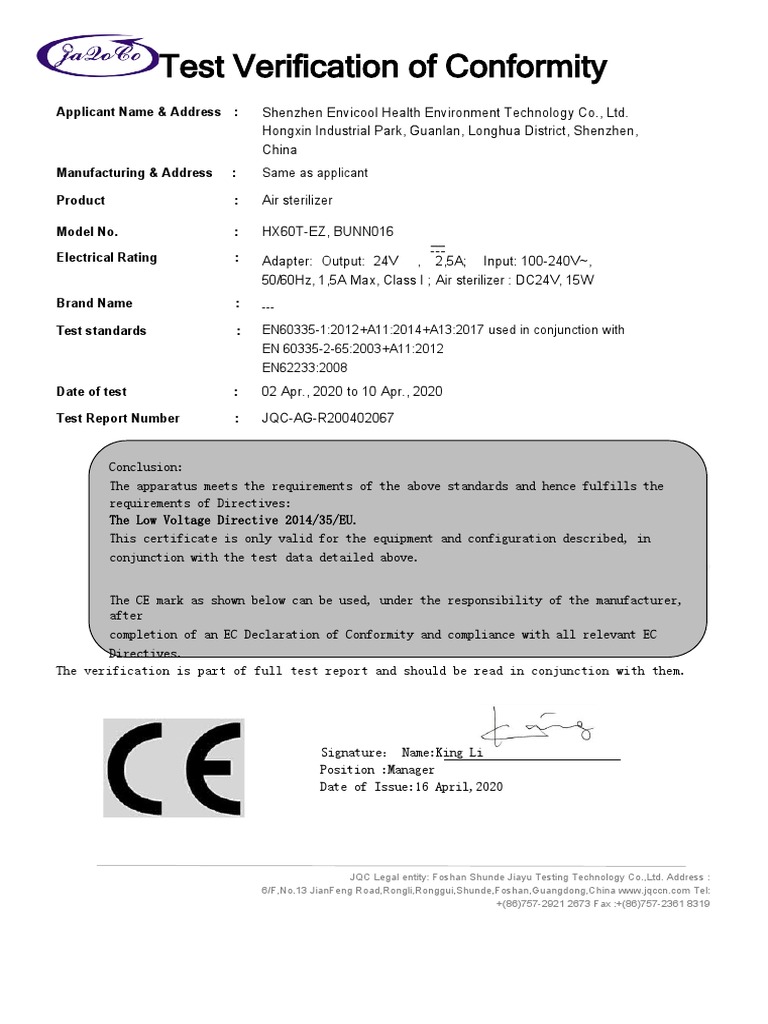 Test Verification of Conformity: Applicant Name & Address | PDF ...