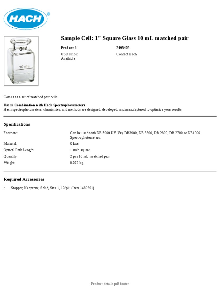 Sample Cell: 1" Square Glass 10 ML Matched Pair: Specifications | PDF