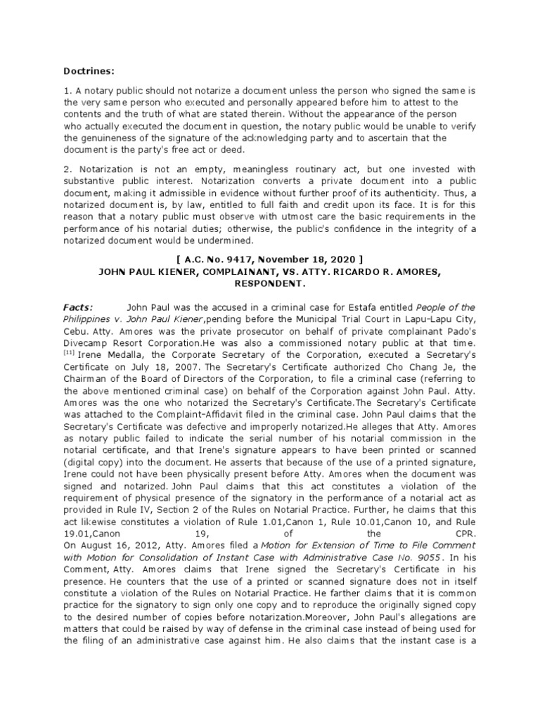 Legal Ethics John Paul Kiener vs. Atty - Ricardo Amores | PDF | Notary Public | Signature