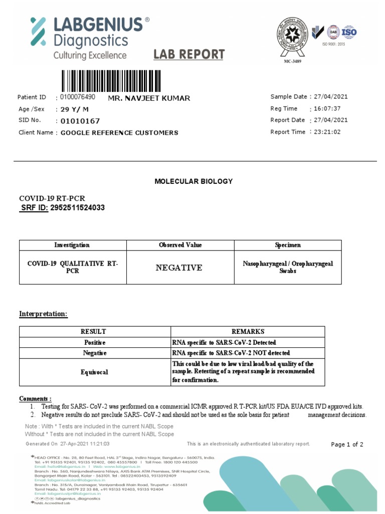 Negative COVID-19 RT-PCR Test Result for Mr. Navjeet Kumar | PDF ...