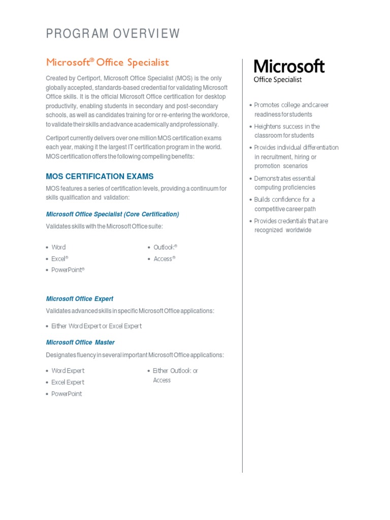 MOS Program Overview | Download Free PDF | Microsoft Office | Test ...