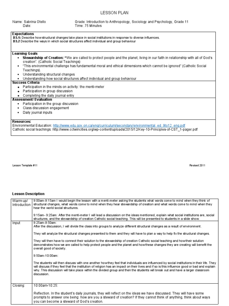 Lesson Plan | PDF | Catholic Social Teaching | Lesson Plan