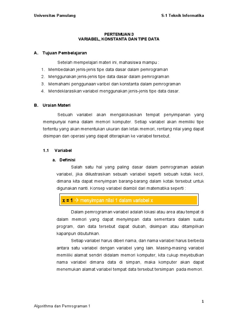 TPL0022 - 03 - Tipe Data Dan Variabel Dan Konstanta. | PDF