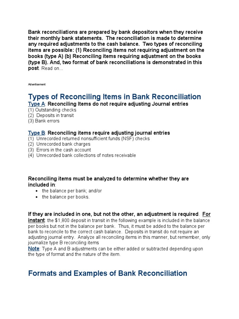 Types of Reconciling Items in Bank Reconciliation: Type A | PDF ...