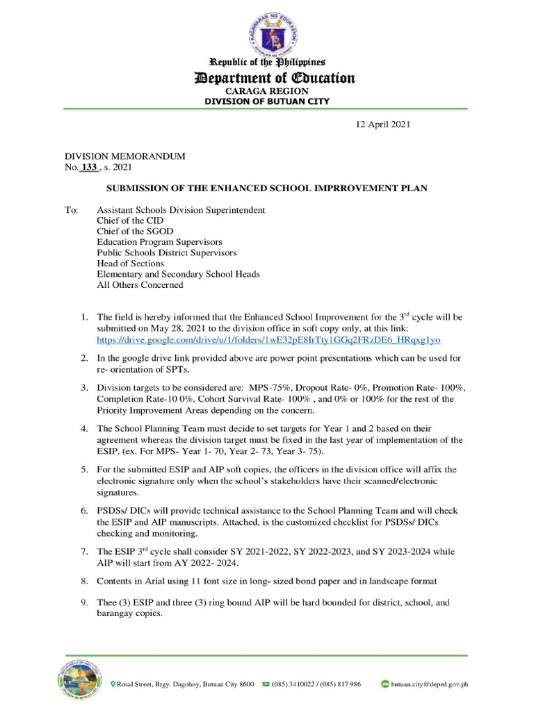 Divmemo133s2021 Submission of The Enhanced School Improvement Plan | PDF