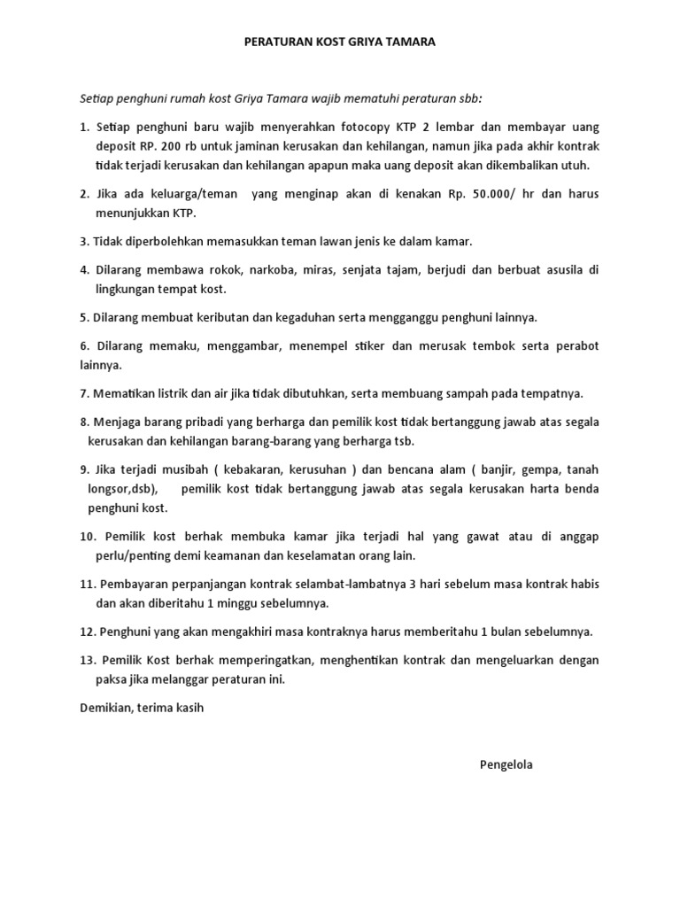 Peraturan Kost Griya Tamara | PDF