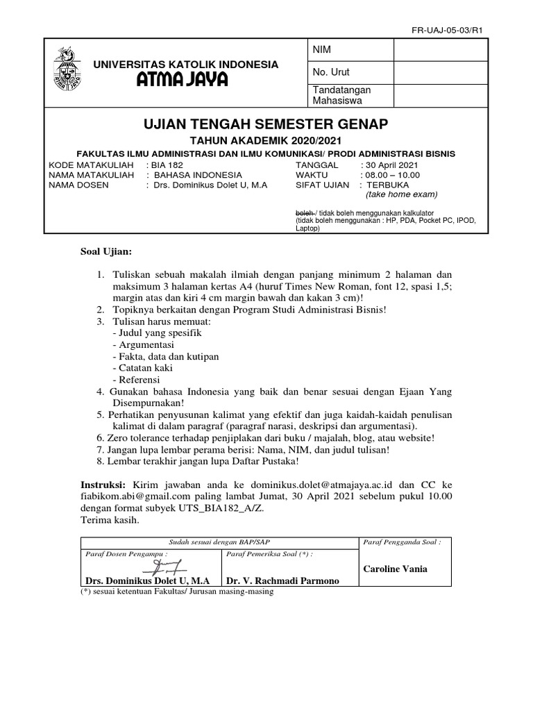 Soal UTS BIA 182 Bahasa Indonesia Seksi A Dan Z | PDF
